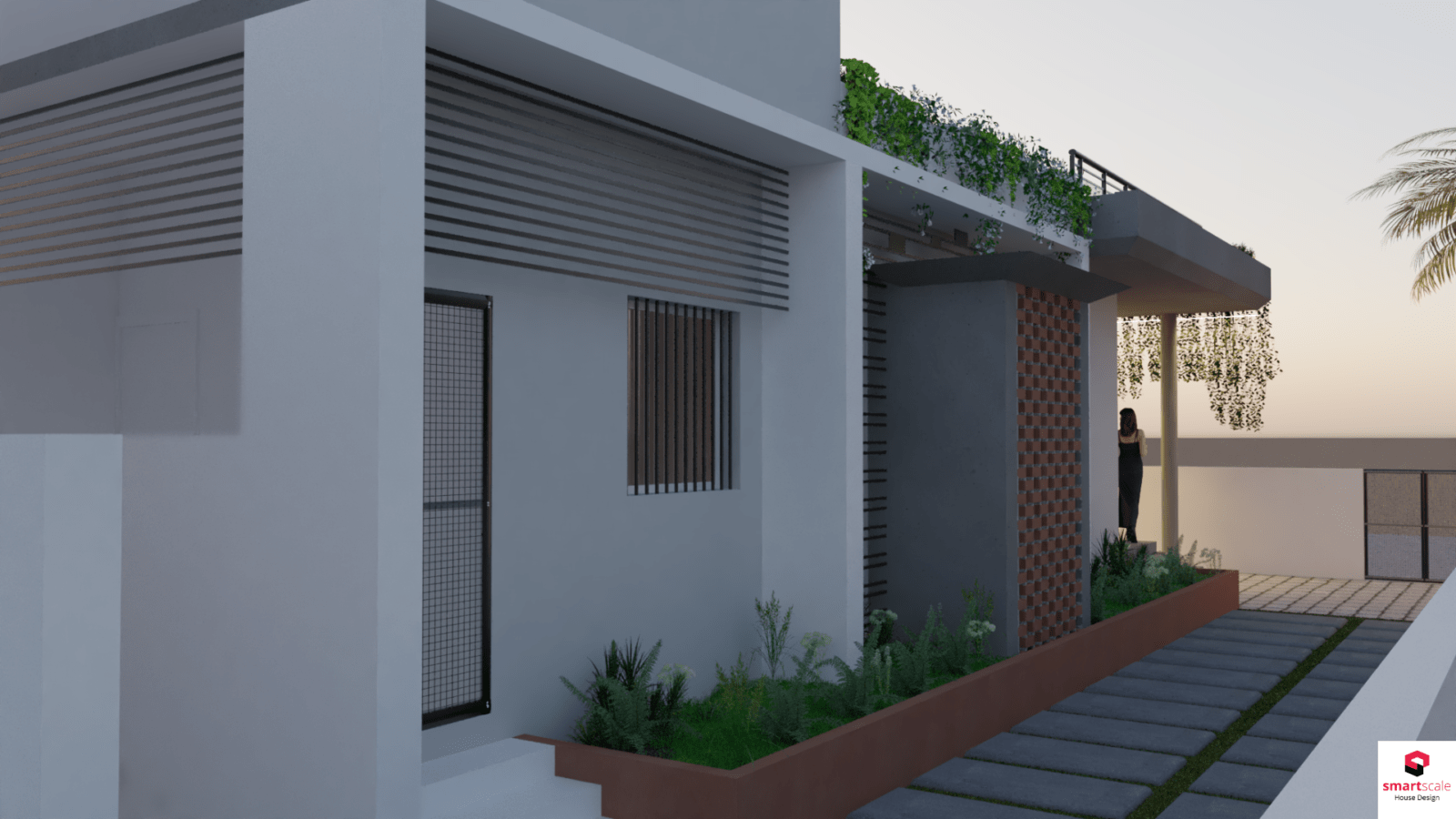 50x50 House Plan North Facing 3D Elevation Bungalow Design Brick Red ...