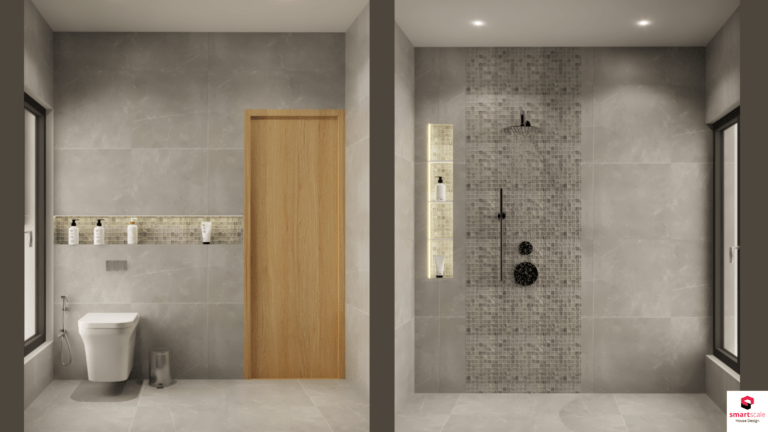 7x7 Bathroom Design – Minimalistic Interior with Grey Wooden Theme ...